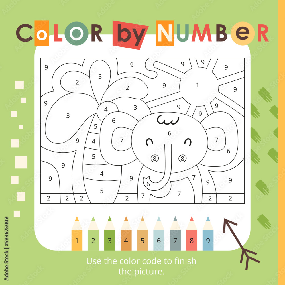 Cute Animals activities for kids. Color by numbers – Elephant and Palm ...