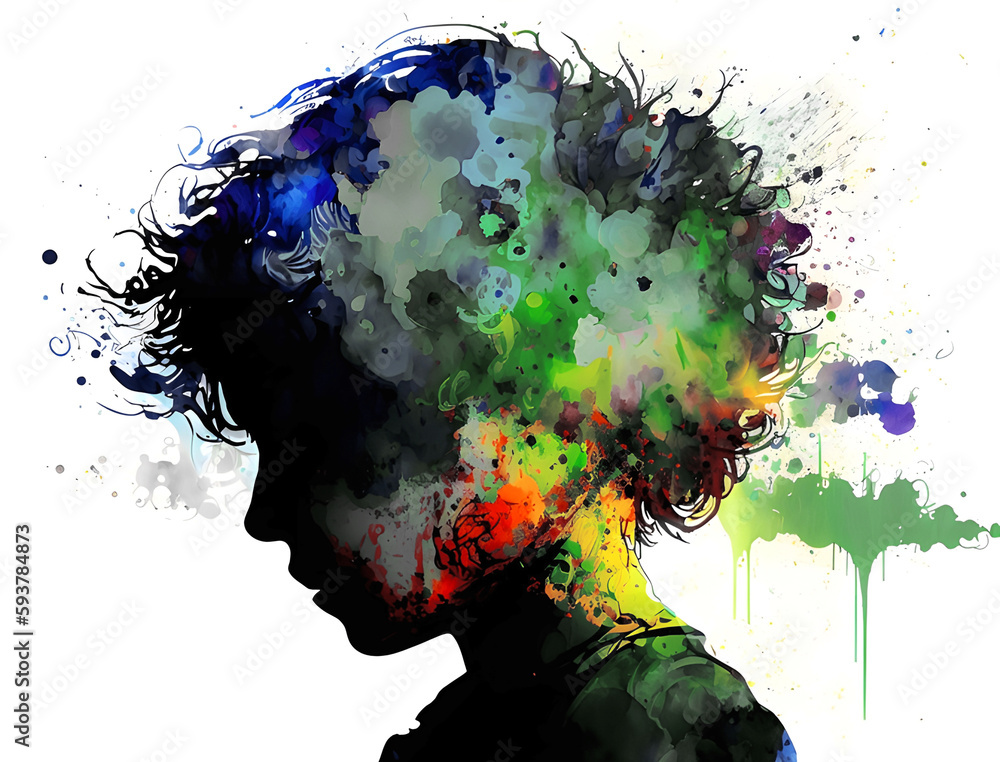 Stock-Illustration „Isolated autistic child ink and watercolor art portrait, person face with ...