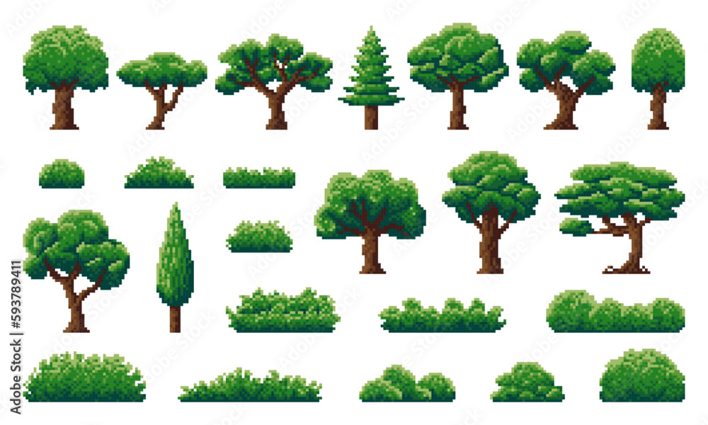 Pixel forest and jungle trees, shrub, grass and herb plants of 8 bit ...