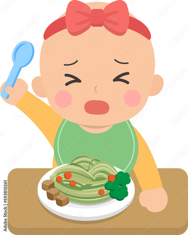 Crying baby with noodles, refusing to eat, disaffected and angry ...
