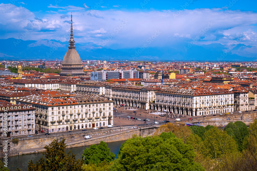 Torino city skyline in vibrant spring colors, with the view of Mole ...