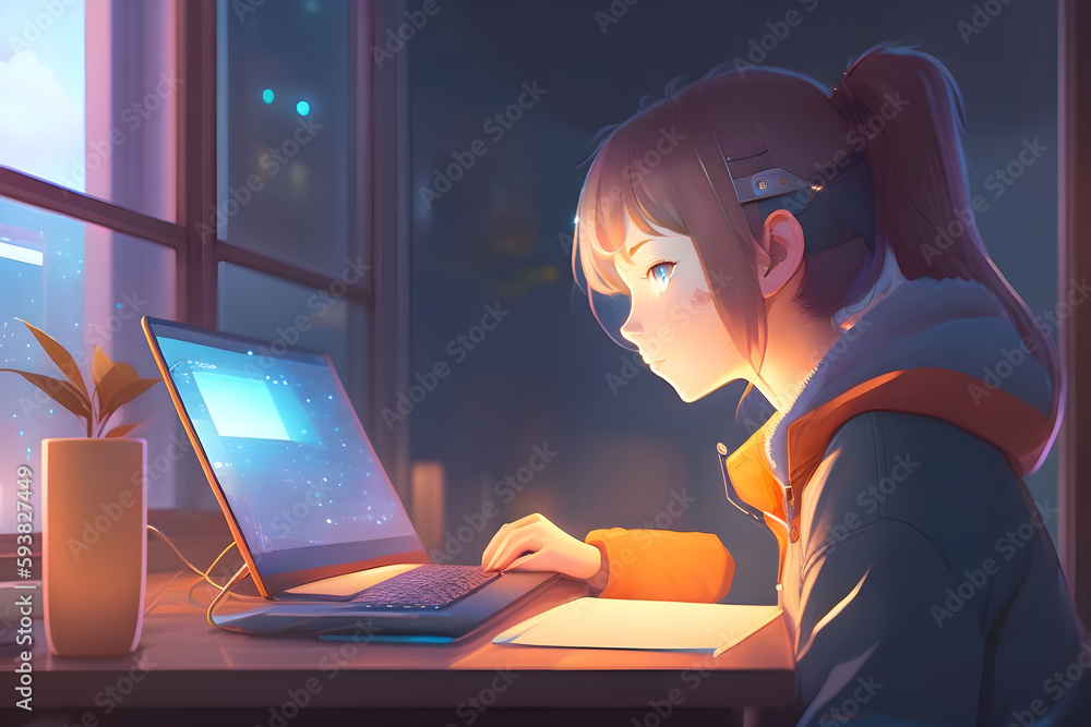 lofi Anime Girl is programming at a computer, cozy, dramatic lighting ...