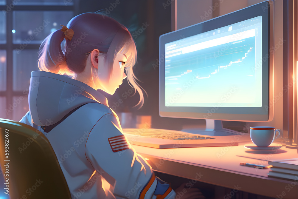 lofi Anime Girl is programming at a computer, cozy, dramatic lighting ...