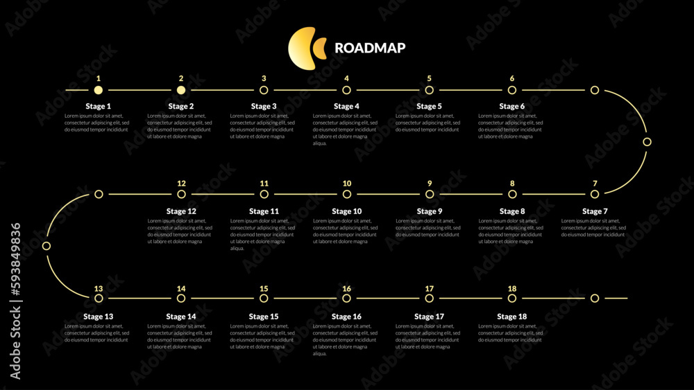 Roadmap with many milestones on golden winding line on black background ...