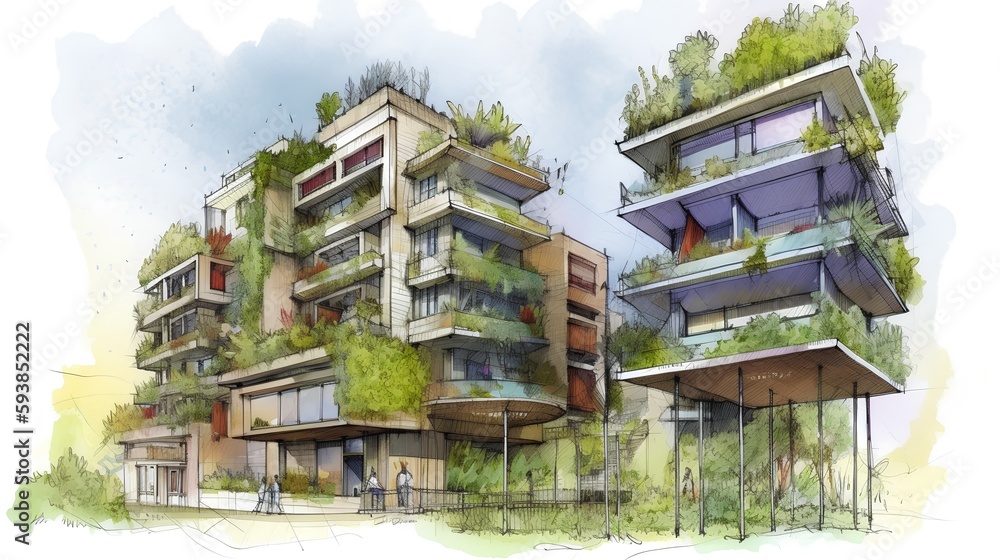 Sketch of a sustainable residential complex with green roofs, vertical ...