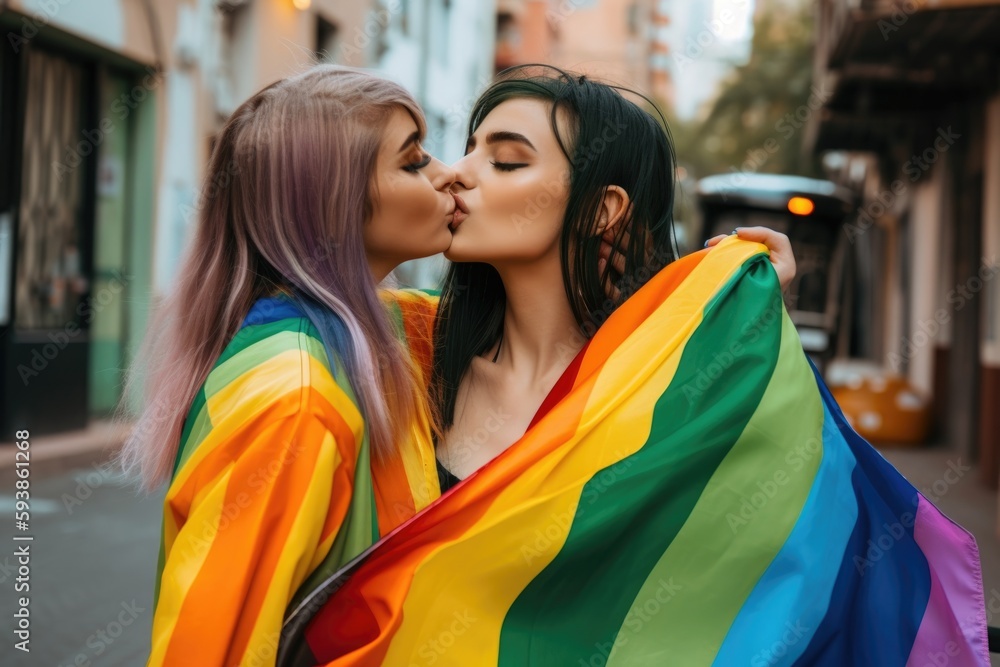 Gay women lesbian couple kissing covered with LGBT rainbow flag.LGBT ...
