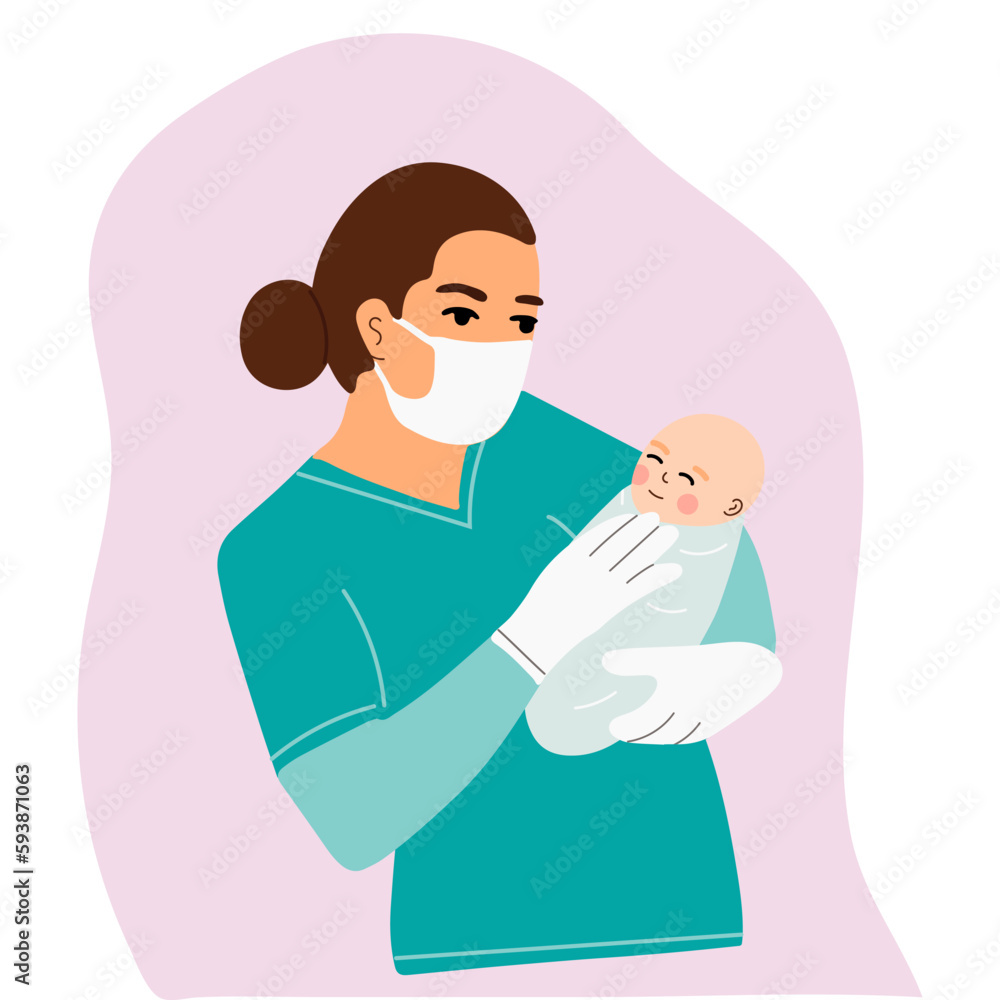 A smiling female doctor holds a newborn baby in her arms. Vector ...