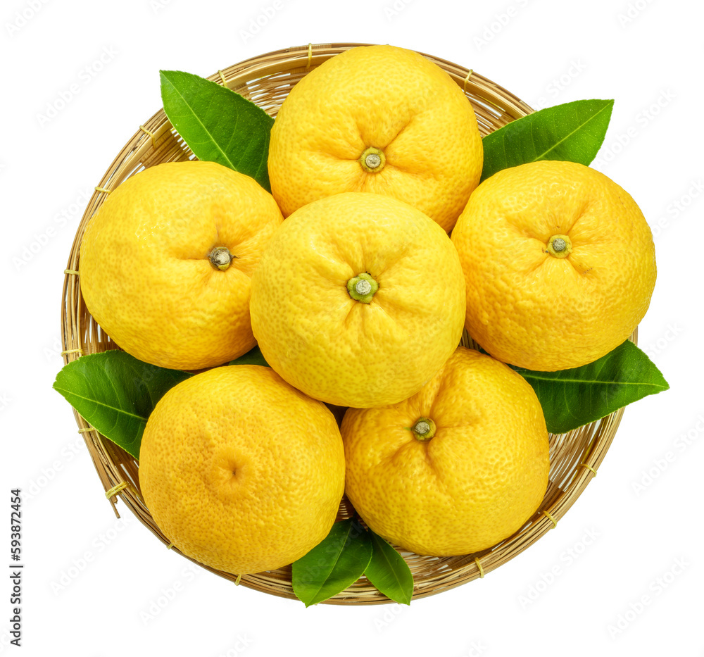 Fresh Sweet Yuzu Orange fruit in wooden basket isolated on white ...
