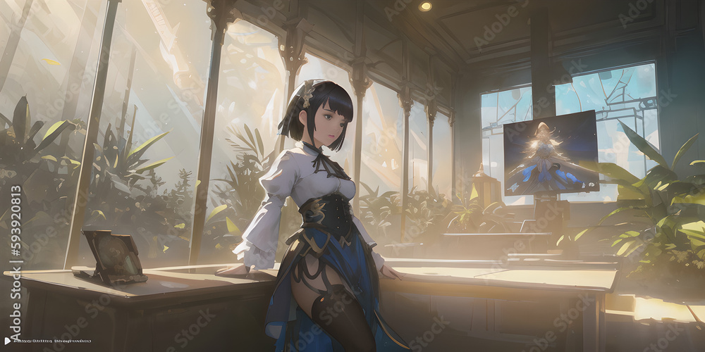 Waifu con poderes mágicos en templo con rayos de sol entrando entre las ...