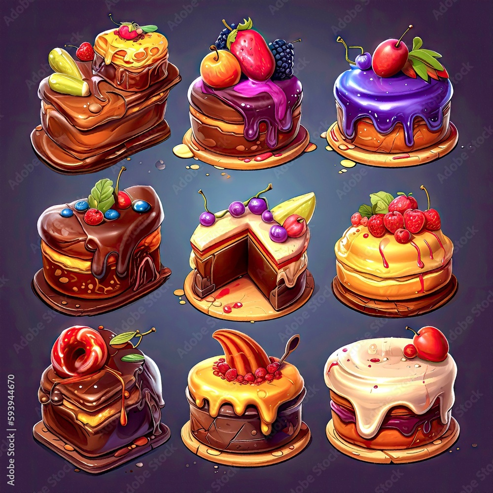 Colorful cakes with cream and berries, different tastes, juicy colors ...