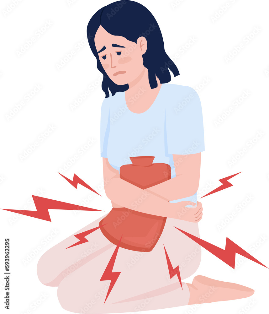 Sickly looking girl with hot water bottle semi flat color raster ...
