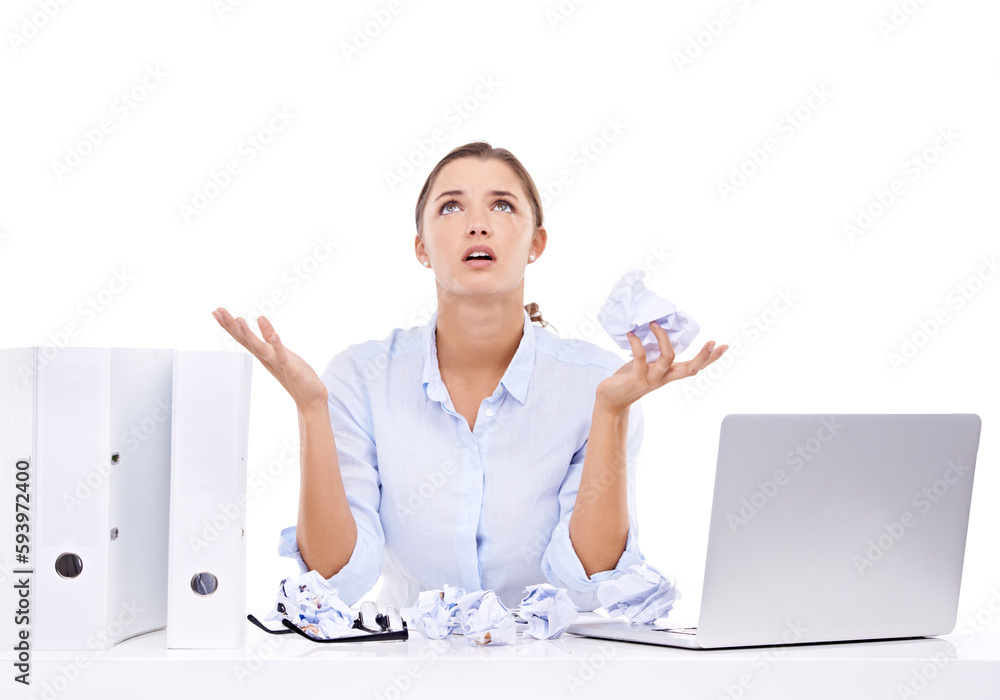Stress, wtf and paper mistake by business woman angry on isolated ...