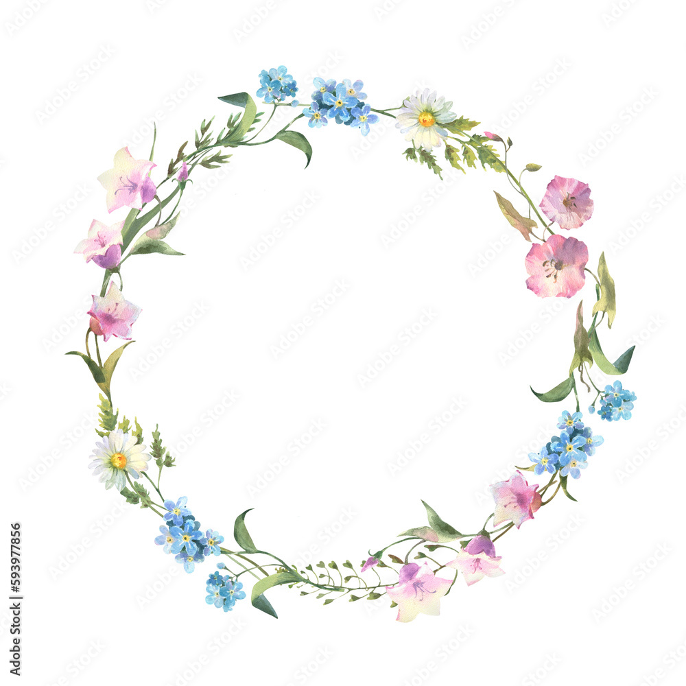Floral wreath. Watercolor field flower round frame. Wildflowers. Meadow ...