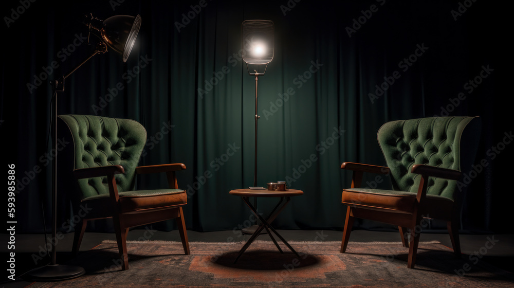 Stylish interior, two chairs, studio light, interview scene. Al ...