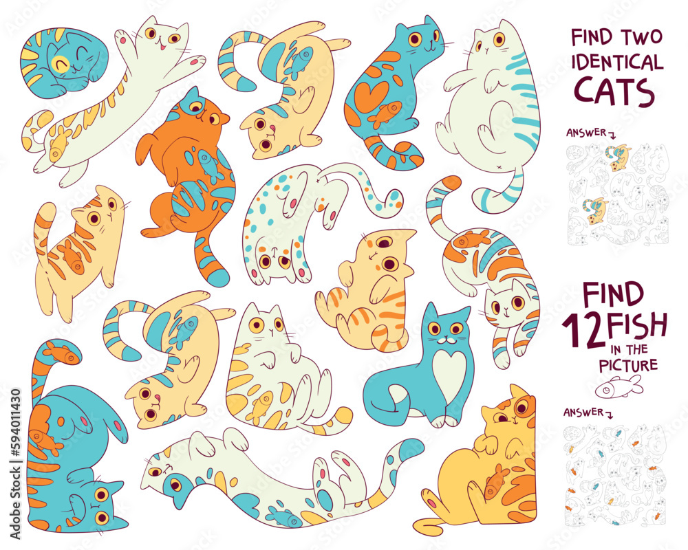 Find two identical cats in the picture. Find 10 fish in the image. Find ...