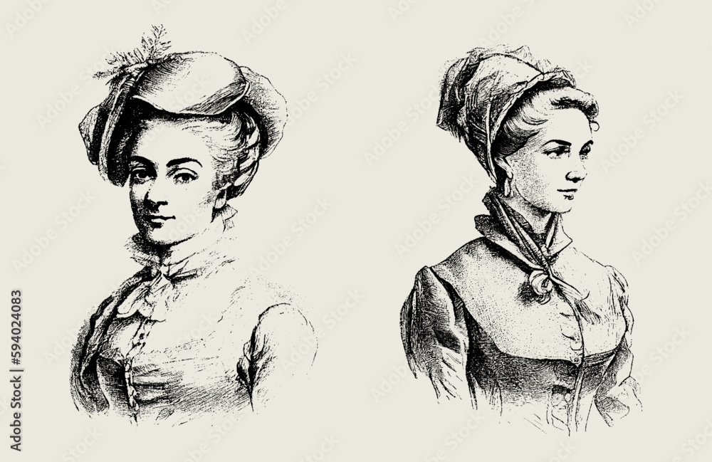 Noble lady in a hat is drawn in pencil set isolated on background ...