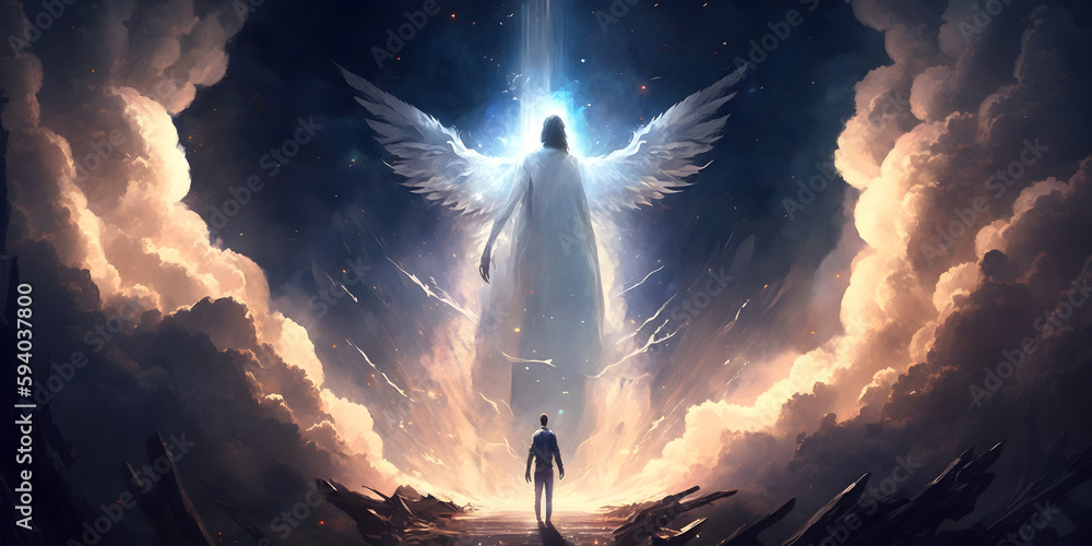 Astral silhouette of human in cosmic space meditate. Back view man fly transcendental spiritual ...