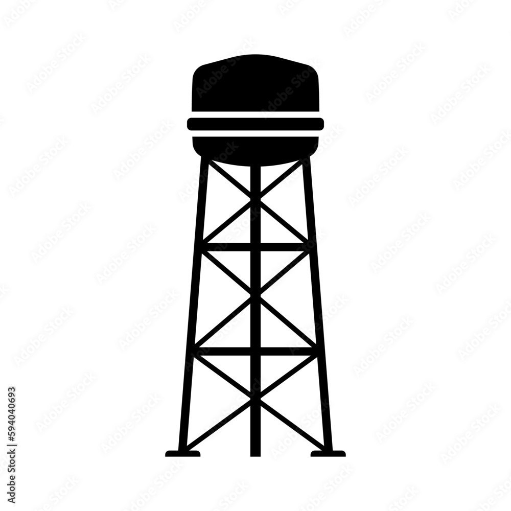 Water tower icon. Black silhouette. Vertical front side view. Vector simple flat graphic ...