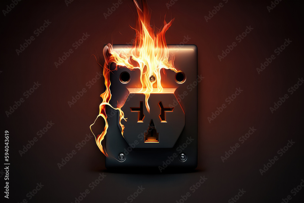 fire and smoke on electric wire plug in indoor, electric short circuit ...