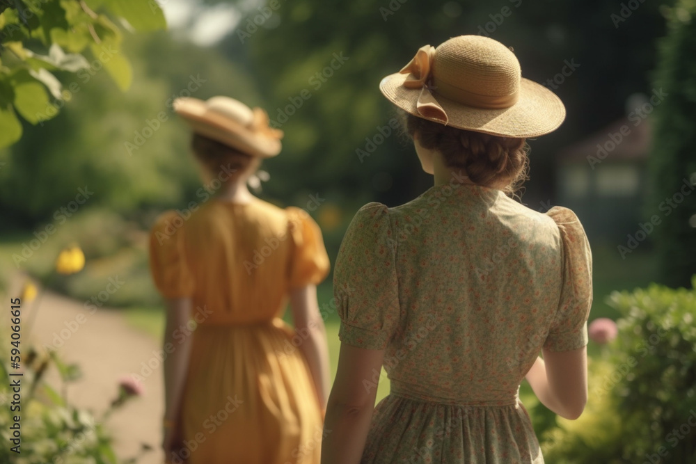 two sisters dressed in Victorian era clothing walk through green park ...