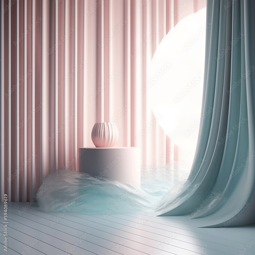 3d render abstract platform podium on water and waving curtains ...