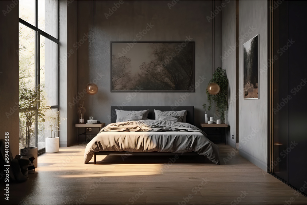 Modern minimalistic bedroom interior with a big empty wall with paint ...