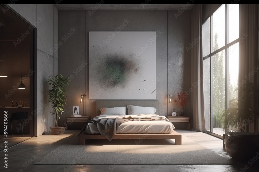 Modern minimalistic bedroom interior with a big empty wall with paint ...