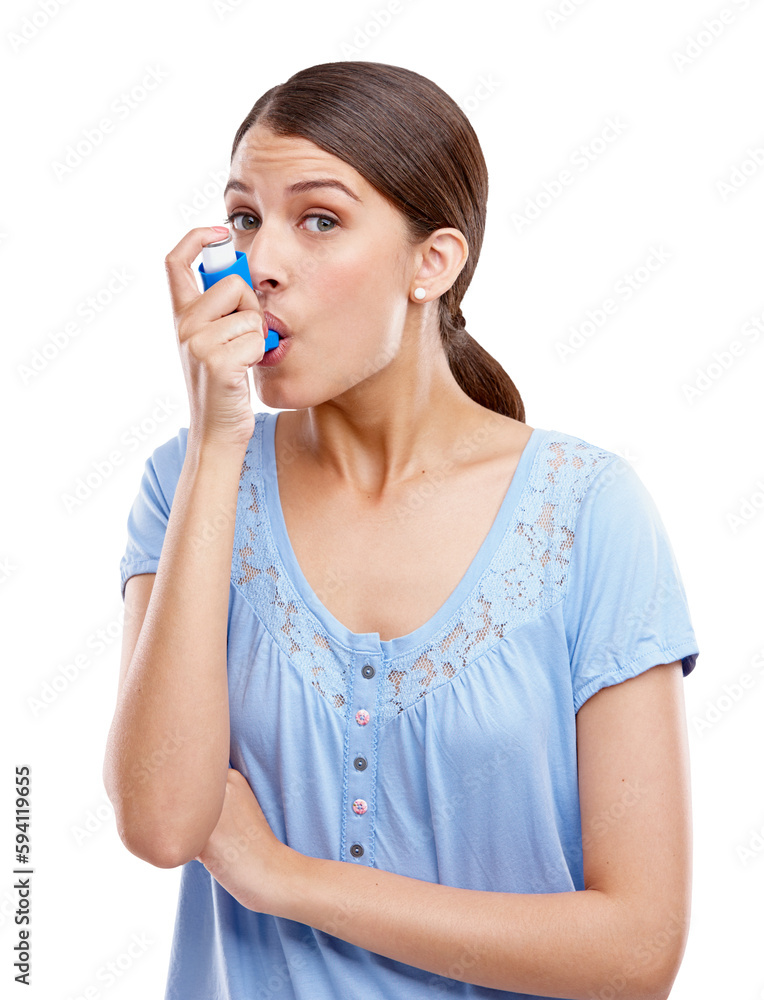 Photo Stock Portrait, asthma and breathing with a woman isolated on a ...