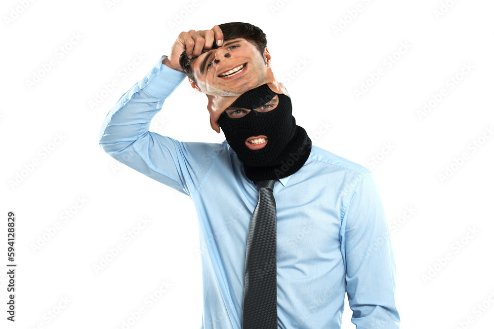 Crime, portrait and criminal mask with man, robbery and guy isolated ...