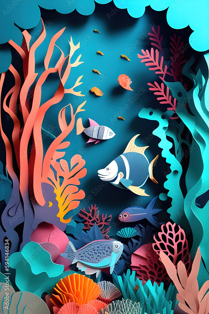 Beautiful marine life and coral reef.. 3D Papercut paper art craft ...