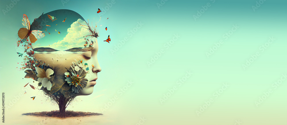 Human brain with landscape and butterflies, connected to nature, self ...