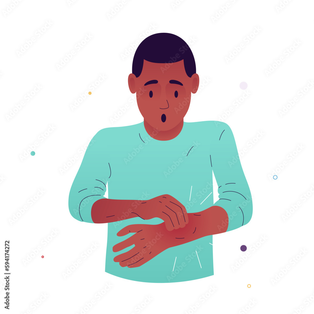 Vector illustration of a frightened man who examines his hand. The man ...