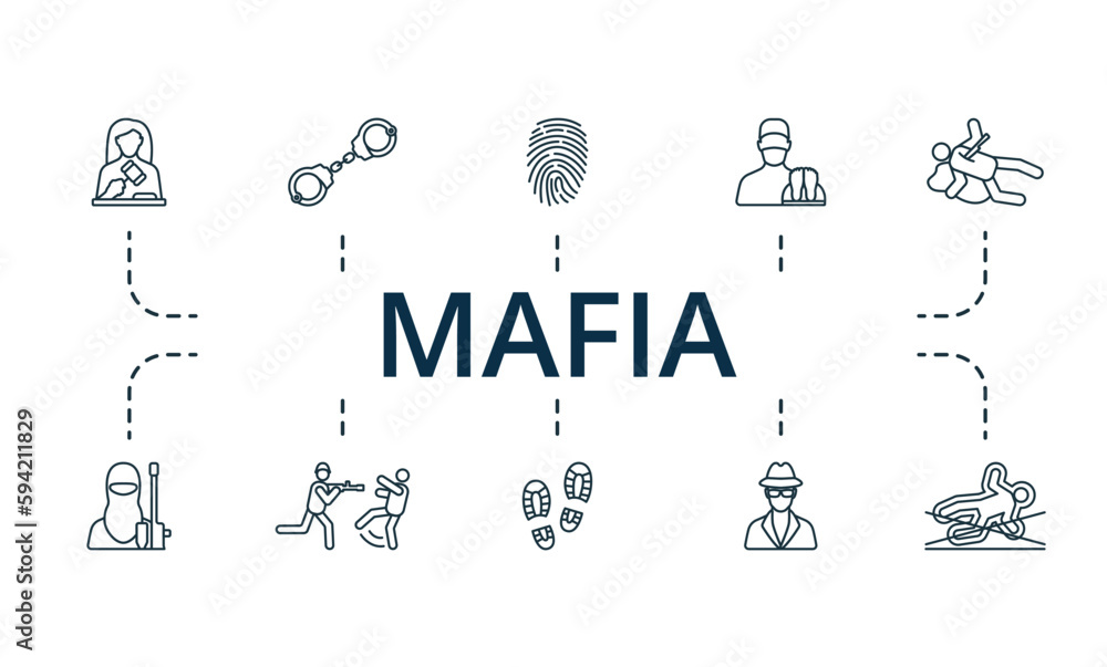 Mafia outline set. Creative icons: judge, handcuffs, fingerprint ...