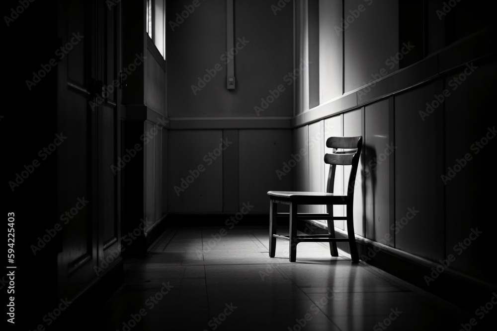 single chair in a dark room like a torture chamber or interrogation ...