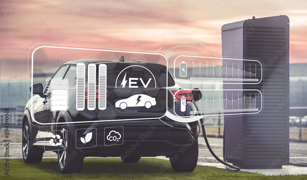 Charging hybrid EV. Charge battery of new electric vehicle. Green eco ...