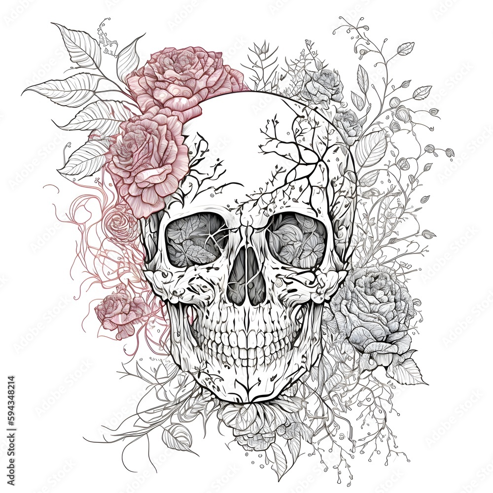 skull and roses line art drawing Generative AI Stock Illustration ...
