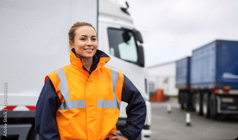Portrait of a smiling female transportation inspector standing next to ...