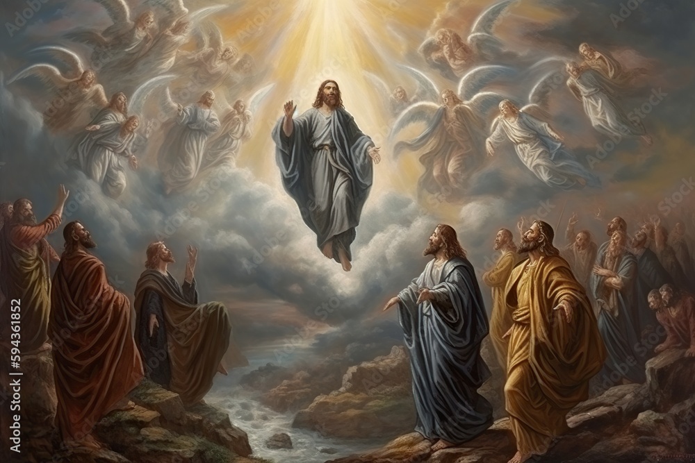 An illustration of the ascension day of Jesus Christ. Biblical Series made with generative AI ...