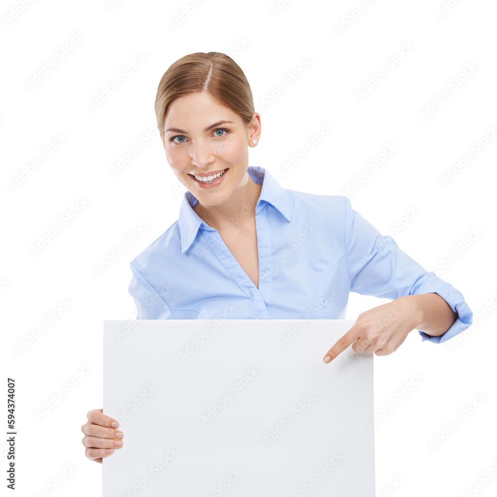 Business woman is pointing to poster, mockup and smile in portrait ...