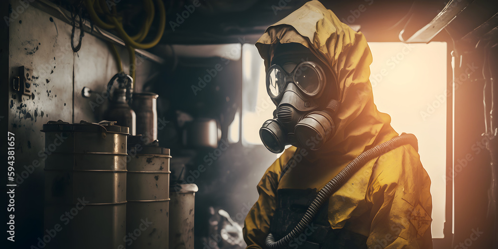 Banner apocalypse radioactive war, man in nuclear radiation protection ...