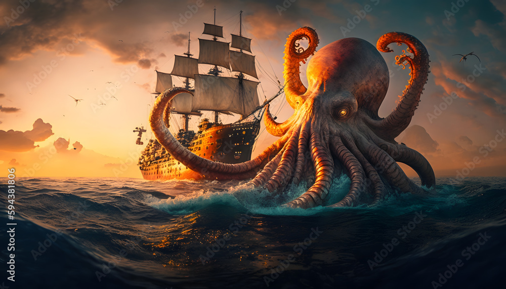 Giant monster Kraken attacks wood ship in sea. Cthulhu octopus with tentacles underwater and ...
