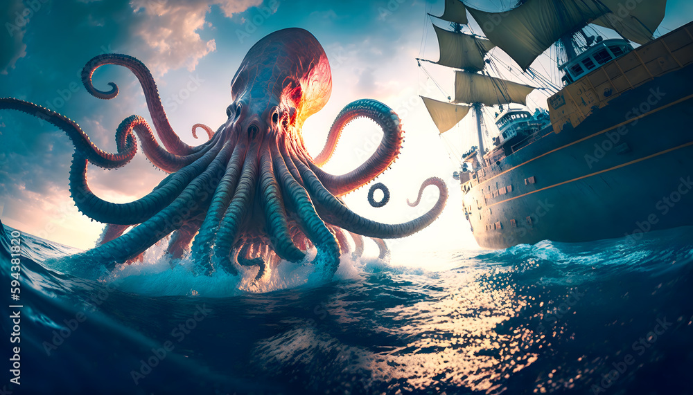 Cthulhu octopus with tentacles underwater and wooden vessel with red sails in ocean. Giant ...