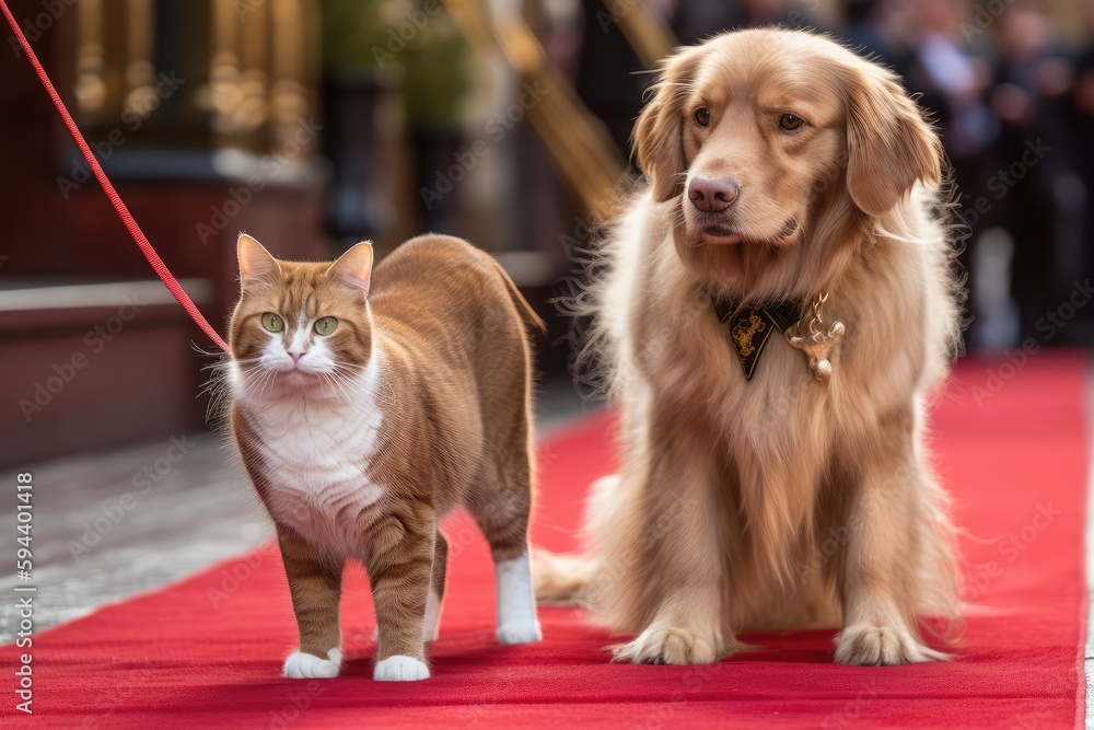 dog and cat walking together down red carpet at prestigious awards ...
