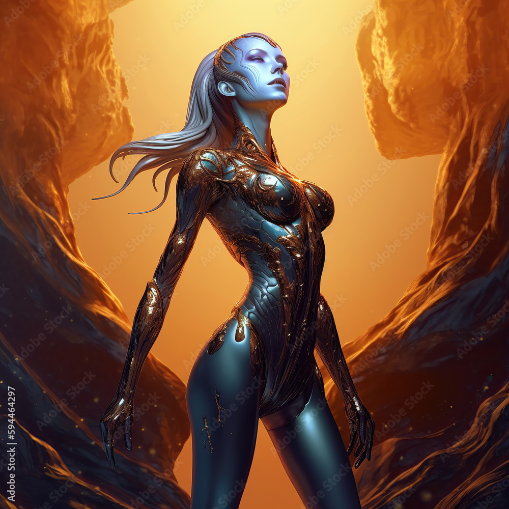 Ilustración de Stock Beautiful alien girl, alien princess wearing golden armor, Fantasy creation ...