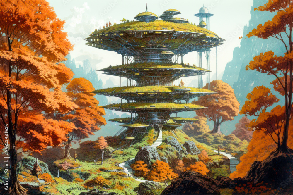 Vintage pulp sci fi art, tree house building, geometric science fiction ...