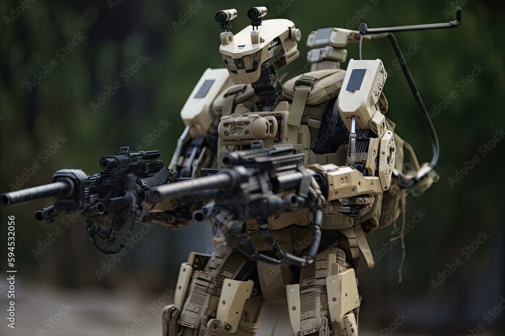 combat robot, armed with machine gun and grenade launcher, ready to ...