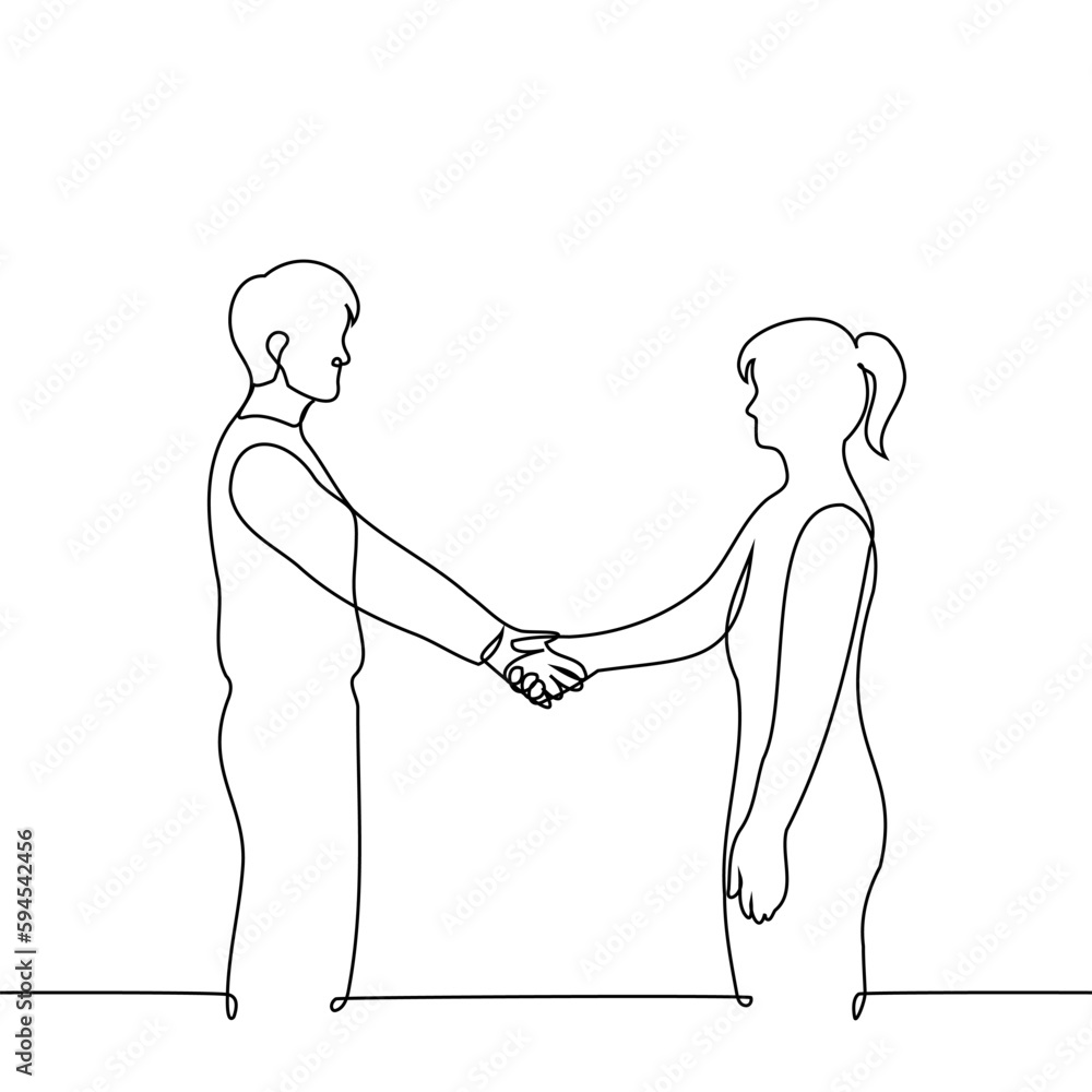 man and woman stand opposite each other and hold hands - one line ...