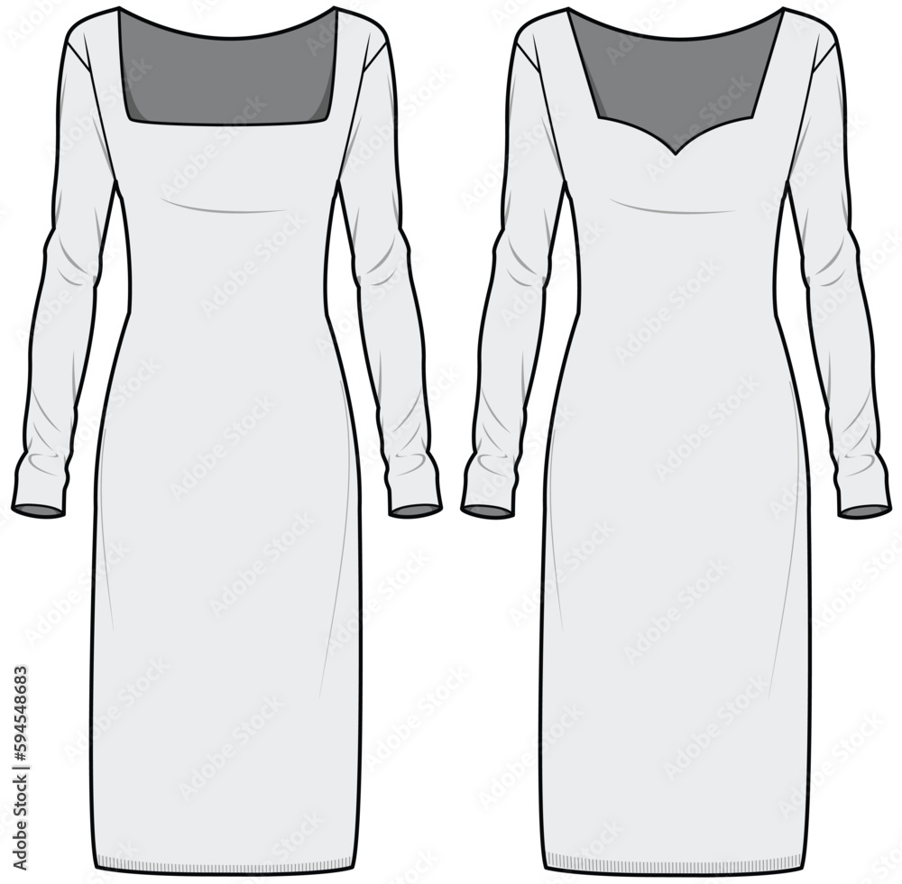 Long Sleeve Square Neck Bodycon Dress, Long Sleeve Sweetheart Neck ...