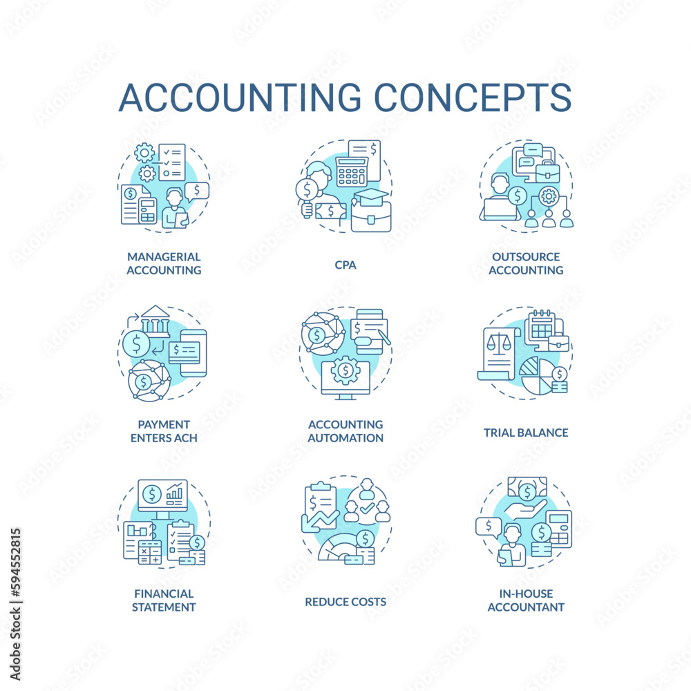 Accounting turquoise concept icons set. Financial statement. Business ...