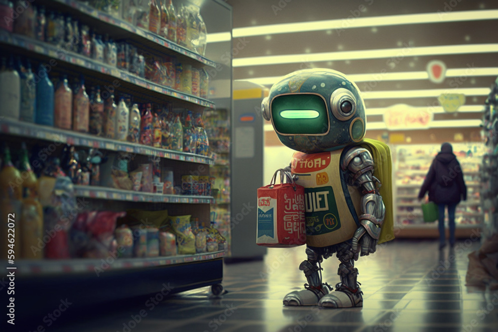 Food delivery robot in supermarket. Illustration created with ...